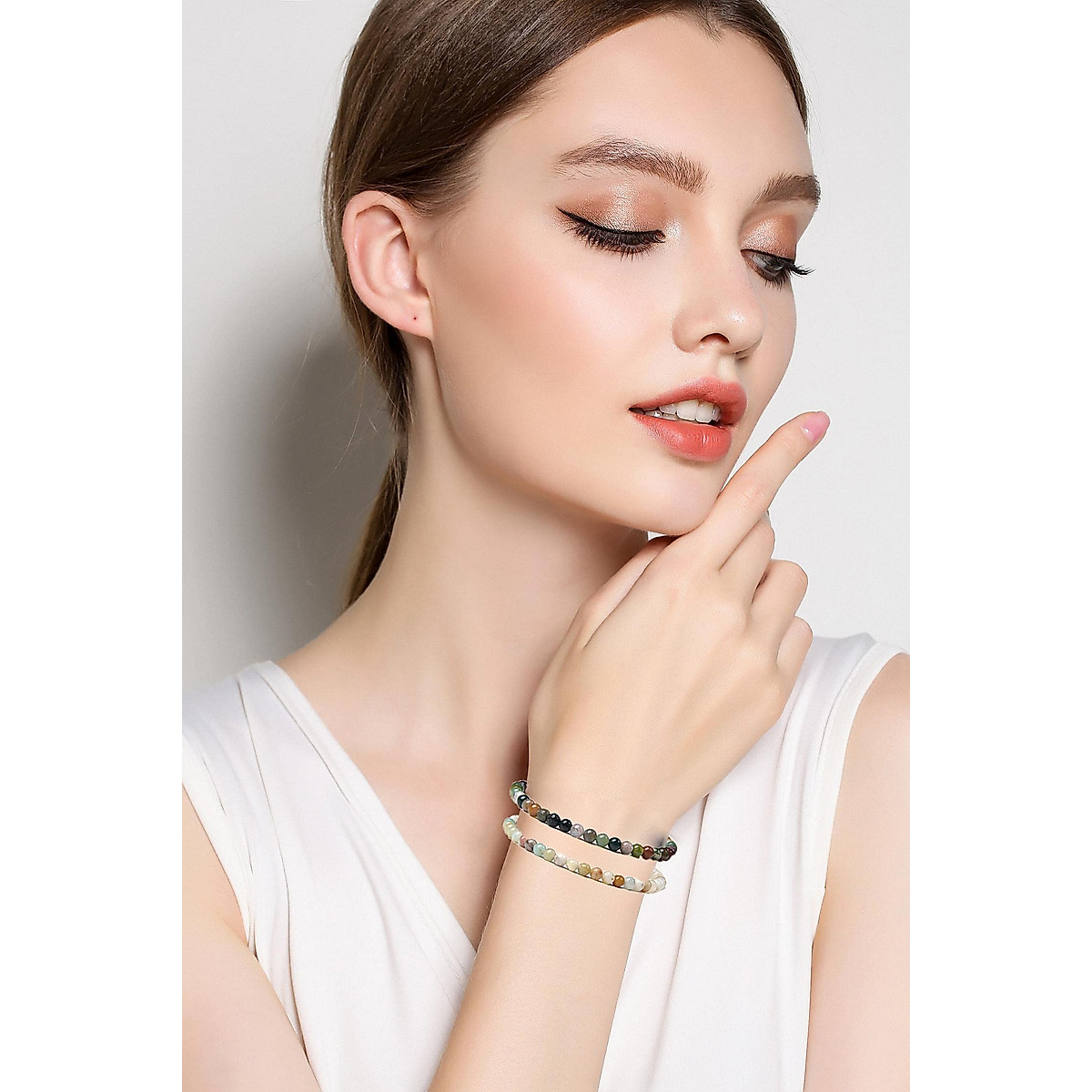 SONNYX 12 Pieces 4mm Mini Gemstone Bracelets for Women Men Natural Stone Bracelets Handmade Crystal Beaded Stretch Bracelet Unisex Couple Bracelets