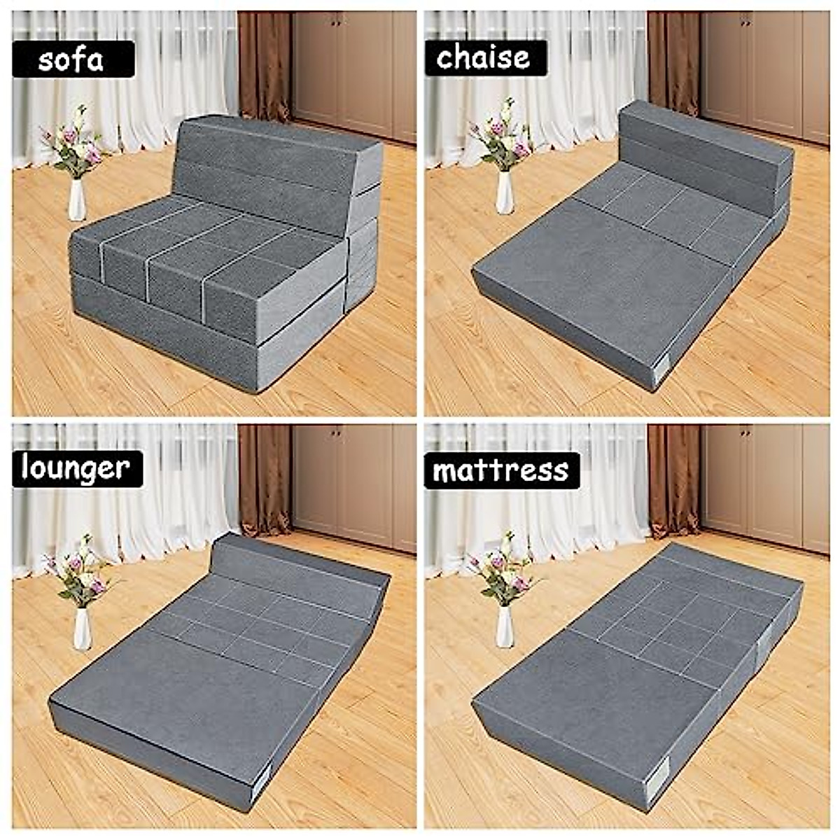 YENING Folding Sofa Bed Twin Size for Small Rooms Fold Out Foam Couch Convertible Bed for Adults Foldable Futon Chair Beds Sleeper, Grey