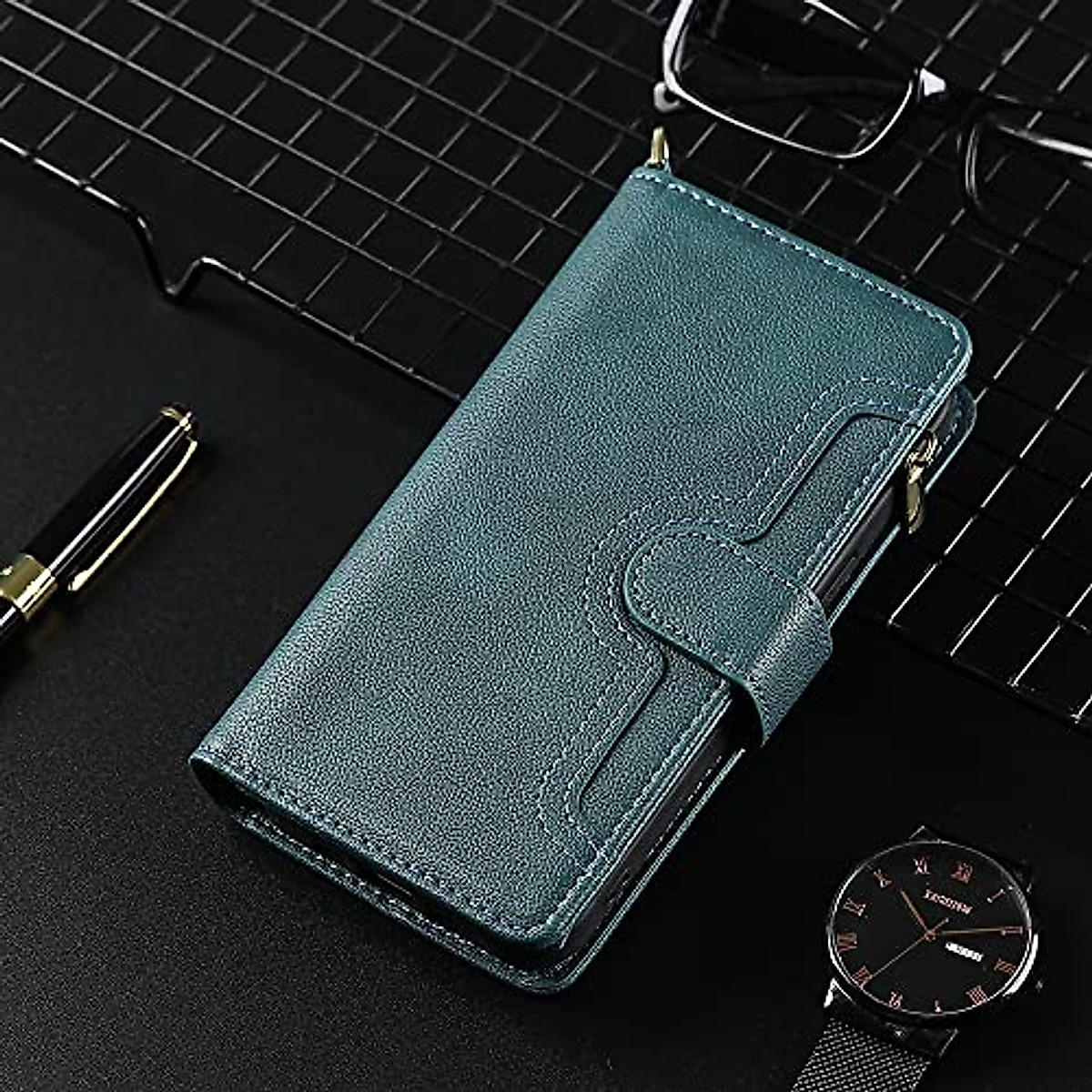 YJZSKRXFAK Magnetic Zipper Wallet Leather Case with Lanyard for Sony Xperia 1 III Cash Pocket with 6-8 Card Slots Holder Wrist Strap Cover for Sony Xperia 1 III Green
