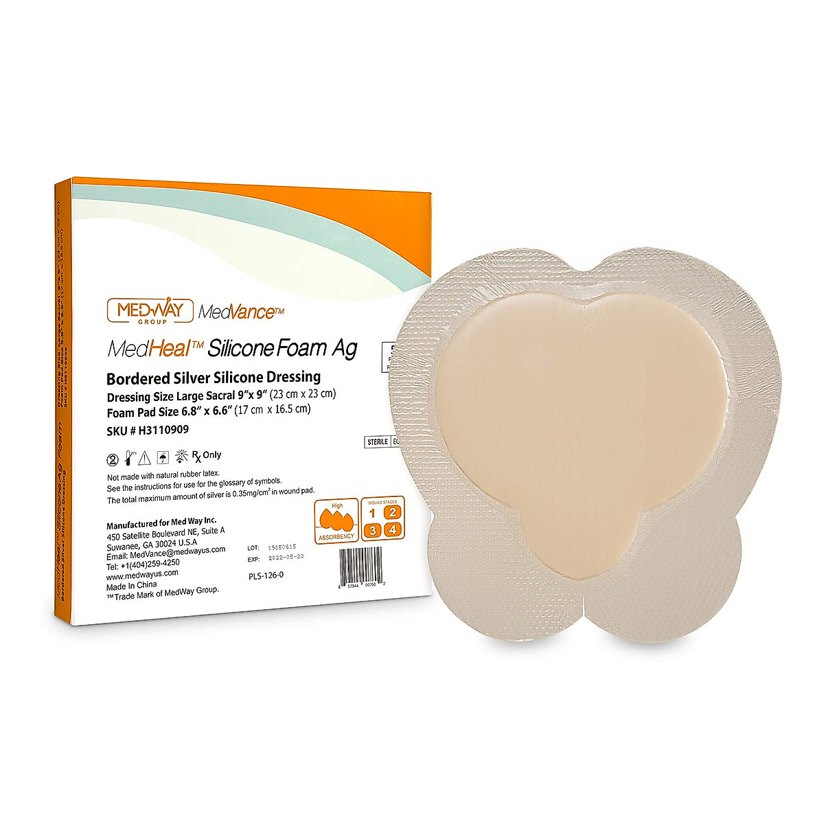 Bordered Silver Silicone Ag Sterile Highly Absorbent Antibacterial Dressing, Sacral,Sacrum, 9"x 9" (6.6"x 6.4" Pad), 5 dressings/Box, MedHeal by MedvanceTM