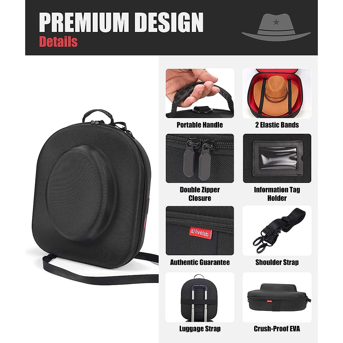 Livelab Hat Box for Travel - Crush Proof Cowboy Hat Holder Storage, Hard Travel Hat Carrier Case for Cowboy, Panama & Tweed Hats - Carrying Handle, Luggage Straps & Shoulder - Large