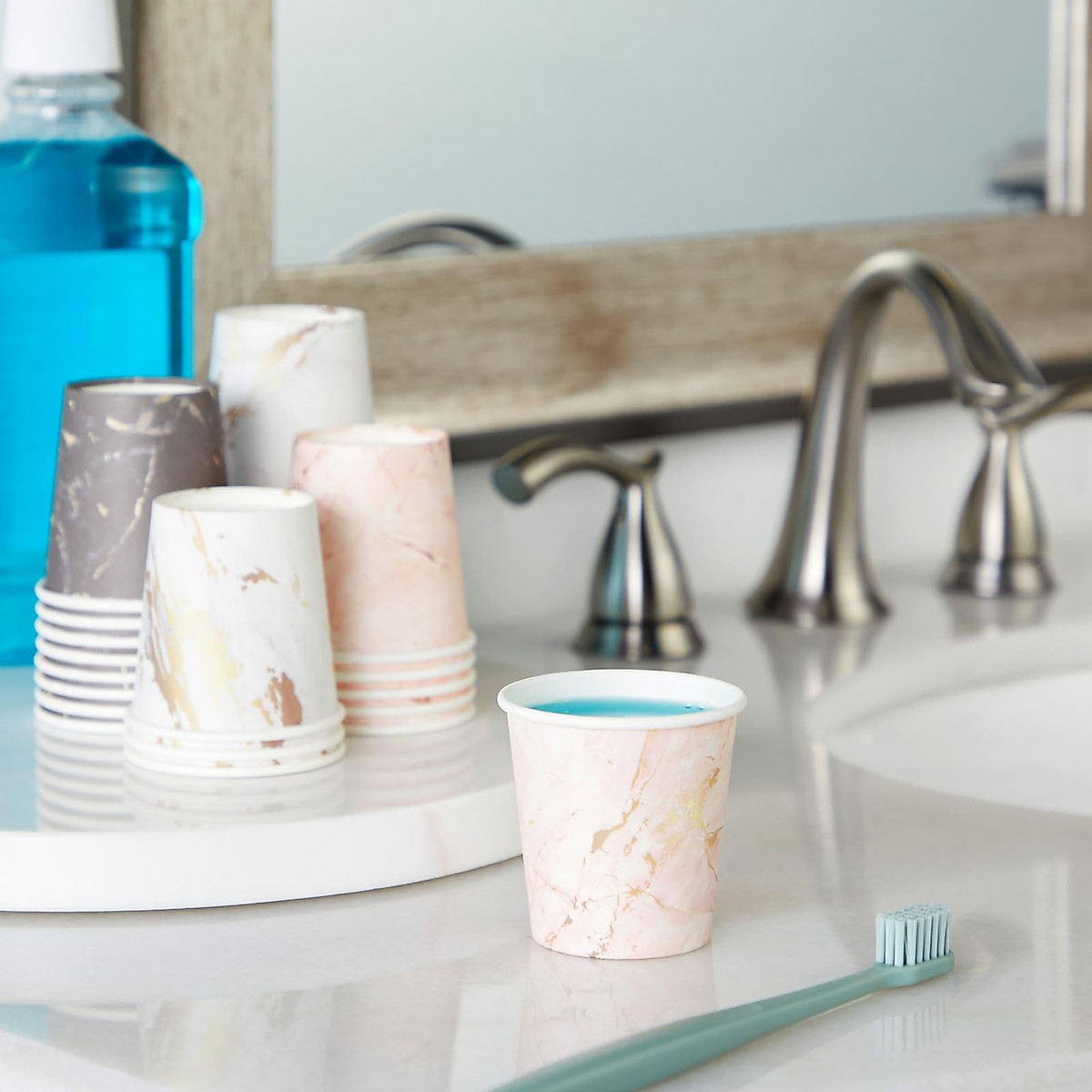 Sparkle and Bash 100 Pack Disposable 4 oz Paper Cups for Coffee, Espresso, Mouthwash, 4 Marble Designs