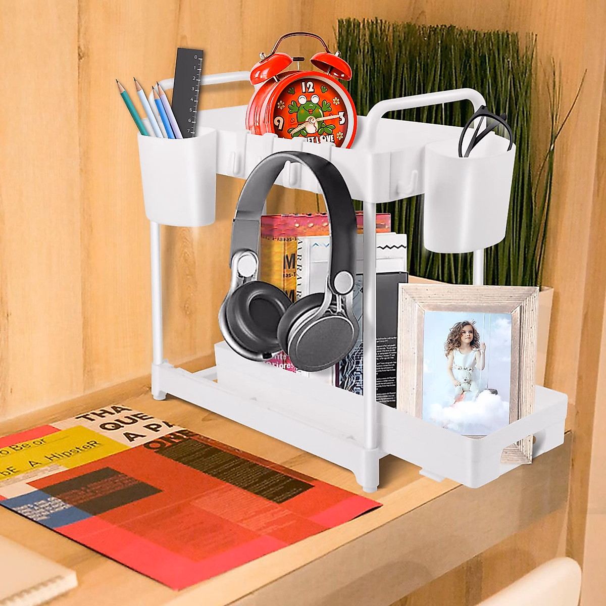 RASHNU Under Sink Organizers and Storage, 2 Tier Under Bathroom Storage Rack with 6 Hooks, Multi-purpose Storage for Bathroom Kitchen Cabinet (White 1 Pack)