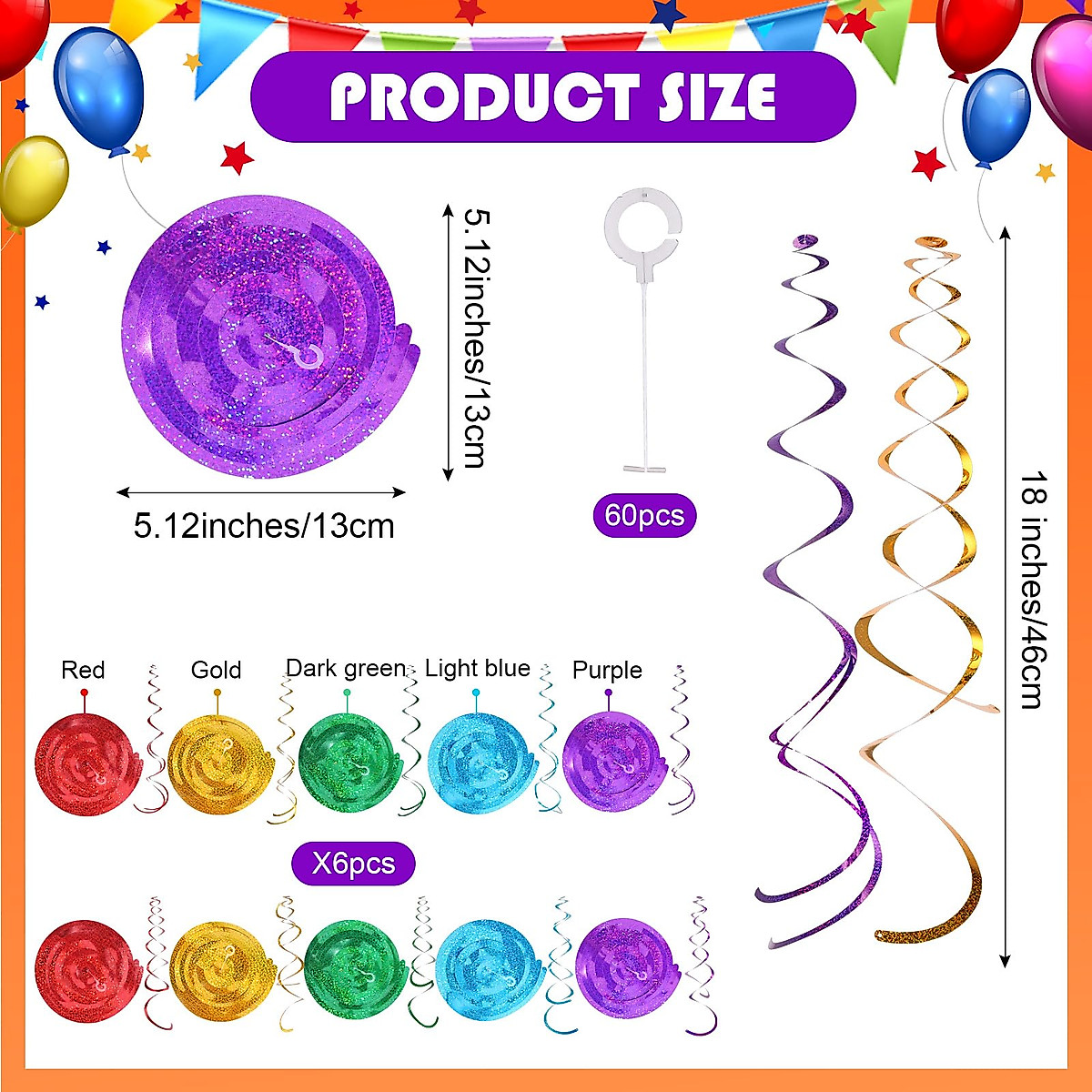 Hotop 60 Pcs Hanging Swirl Decorations Plastic Streamers Party Swirl Spiral Decorations Themed Swirl Party Decoration for Ceiling Birthday Graduation Wedding Baby Shower (Rainbow)