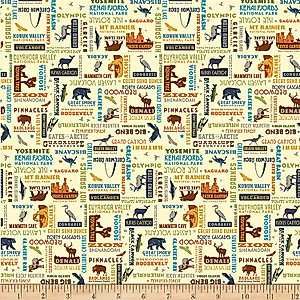 Riley Blake National Parks Word, Text and Icon Print Cream, Quilting, Apparel and Home Decor Fabric (1 Yard) 36" x 43"