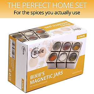bixie Magnetic Spice Tin Jars – Home pack | 6x Rectangle 4.2 oz Refrigerator Stainless Steel Containers for Herbs and Spices