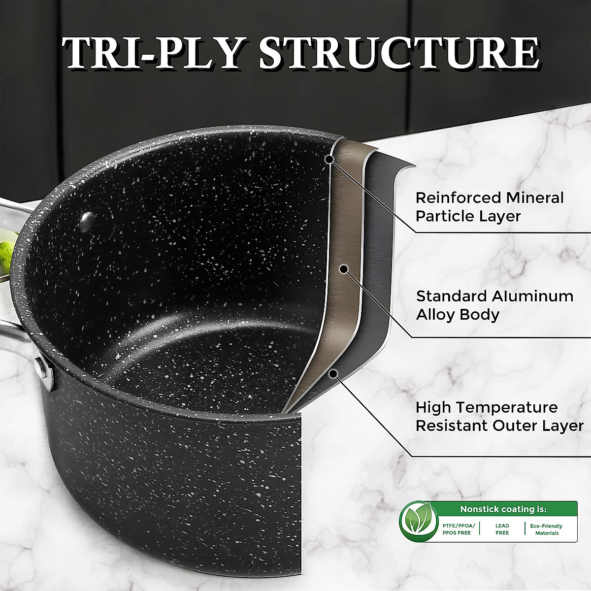 Aufranc 7pcs Nonstick Pots and Pans Set, Stainless Steel Non Stick Cookware Set, Kitchen Induction Cooking Pot and Pan Set Compatible with All Cooktops, Oven & Dishwasher Safe, Non-Toxic (Black)