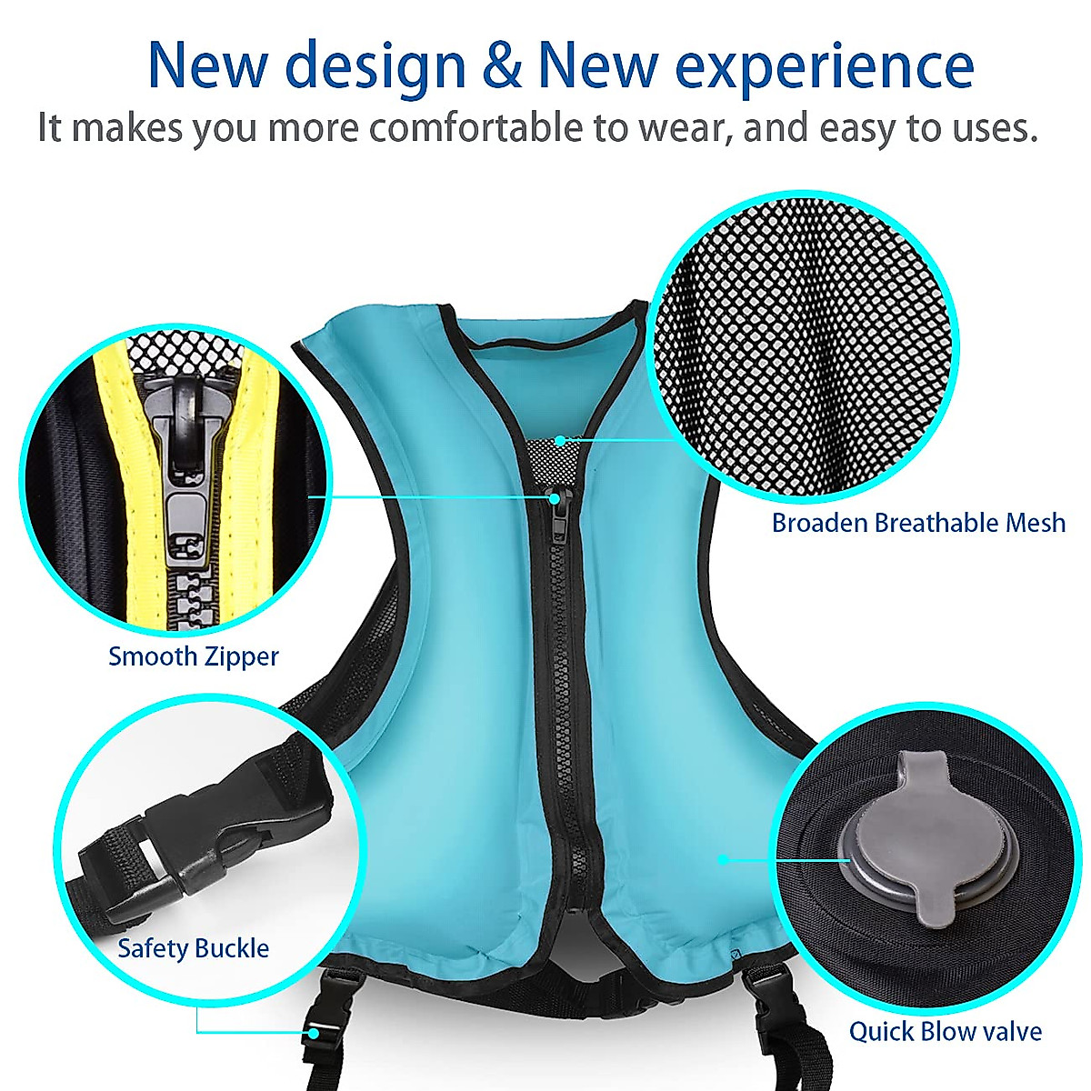 PQPB Snorkel Vests for Adult Inflatable Floatage Jacket Upgraded Buoyancy Kayak Aid Swim Jackets with Leg Straps Blue (SOF00002)