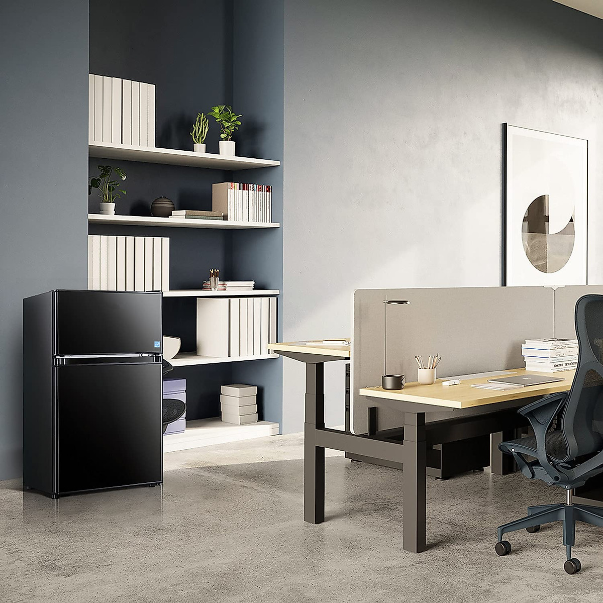 DSF Mini Fridge with Freezer, 3.2 Cu.Ft Mini Refrigerator, 2 Door, 37DB Low Noise, Engery Saving with LED Light, Low-frost Mini Fridge for Bedroom, Office, Dorm, RV, Apartment, Black- MPBFD321