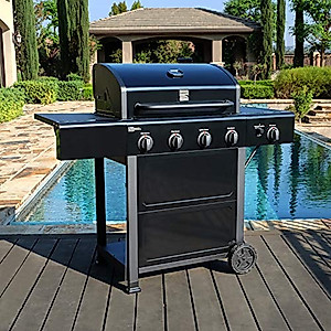 Kenmore PG-A40406S0L-1 BBQ Grill | 4-Burner Outdoor Barbecue Liquid Propane BBQ Gas Grill with Side Burner and Side Tables, 53000 BTU, Open Cart, Black