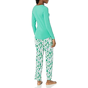 Amazon Essentials Women's Lightweight Flannel Pant and Long-Sleeve T-Shirt Sleep Set, Ecru Festive Tree, Large