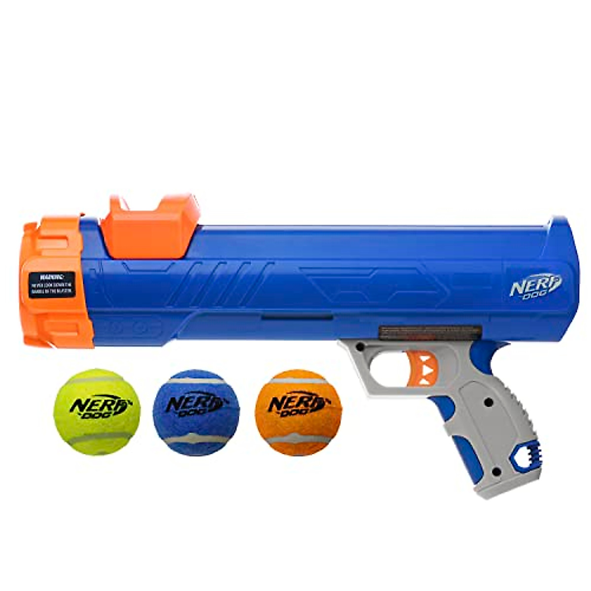 Nerf Dog 12in Blaster w/o Ball Clip 3 2in Squeak Tennis Balls - Opaque Blue/Orange/Gray and Orange and Blue and Green