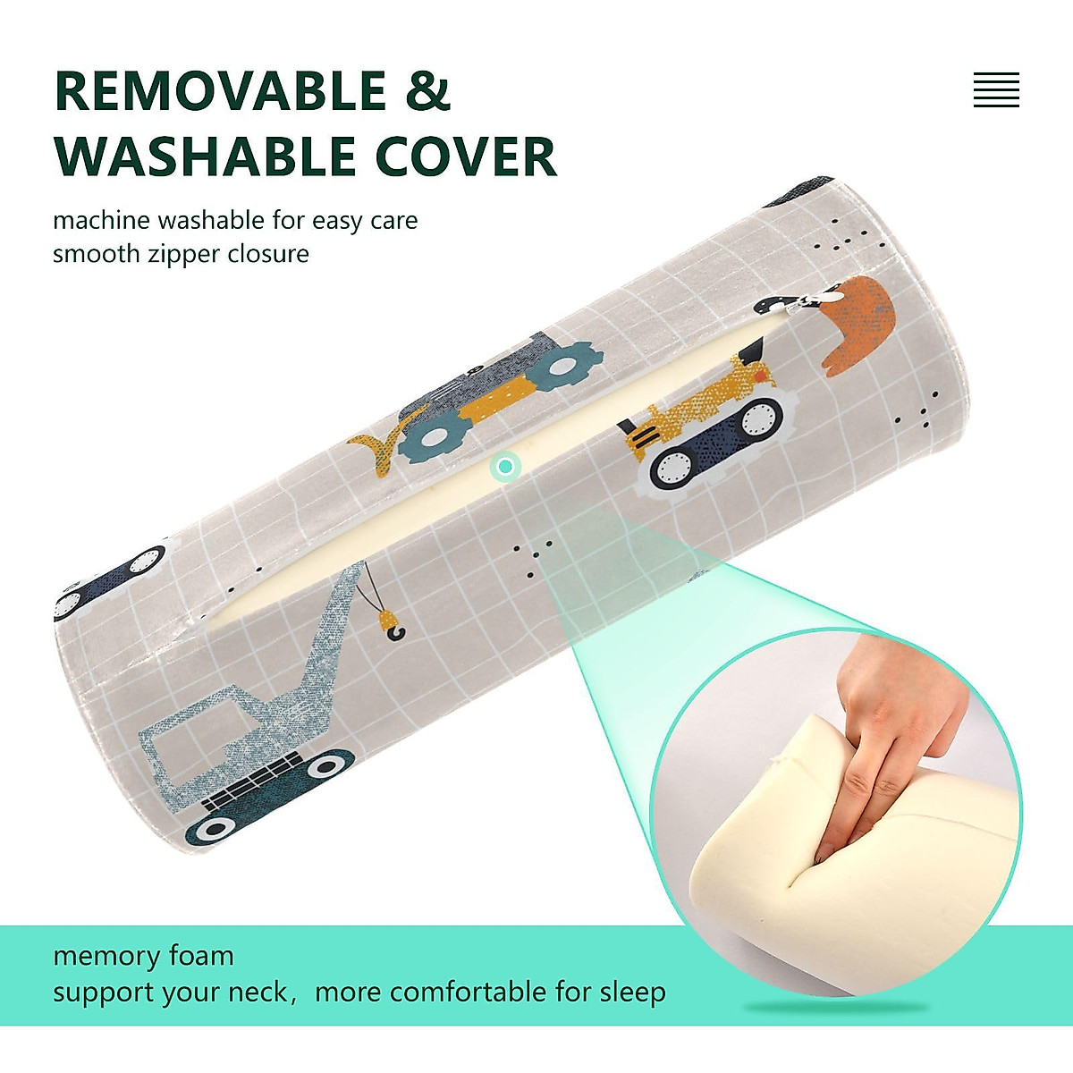 xigua Cute Truck Excavator Neck Roll Pillow for Neck Relief with Removable Washable Cover - Memory Foam Round Cylinder Bolster, Ergonomically Designed for Head, Neck, Back, and Legs