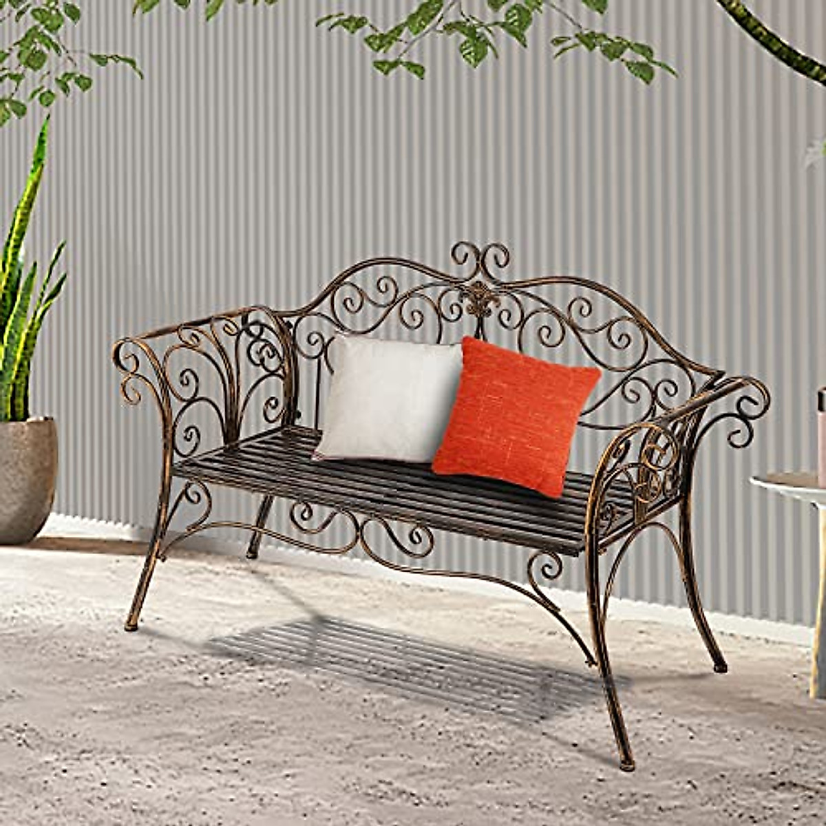 HLC Garden Bench Metal Outdoor Benchs for Front Porch Patio Park Yard 2 Seats Bench with Backrest and Armrests (Antique Bronze)