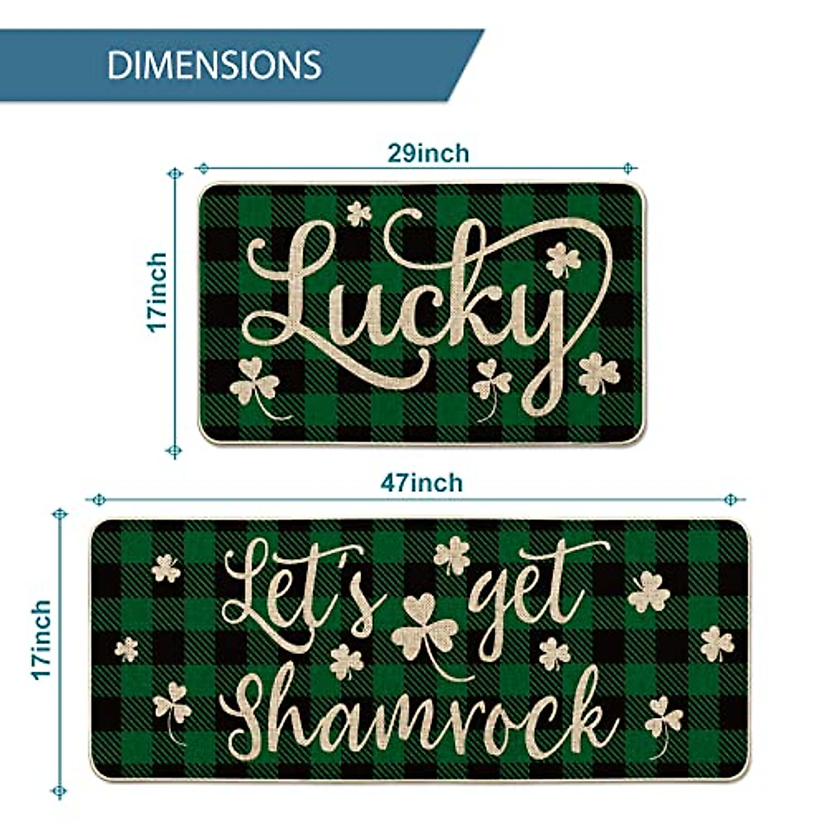 Artoid Mode Green Buffalo Plaid Let's Get Shamrock Lucky Clover Kitchen Mats Set of 2, Seasonal St. Patrick's Day Anniversary Holiday Decorations for Home Kitchen - 17 x 29 Inch and 17x47 Inch