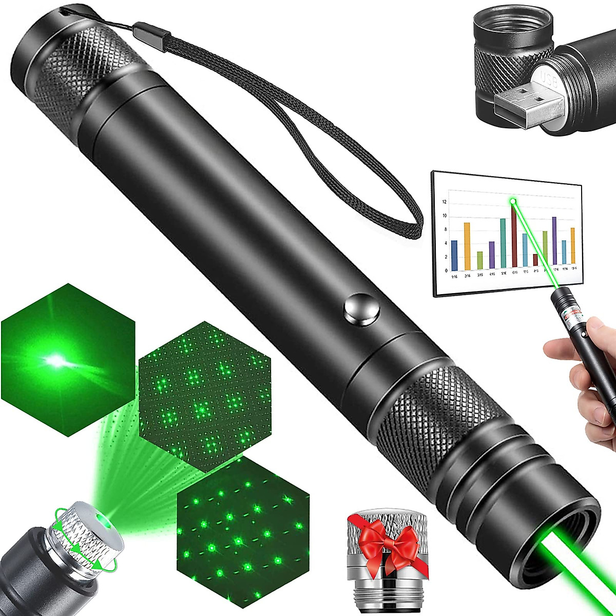 Green Laser Pointer High Power, High Power Laser Pointer Long Range Strong Green Laser Light Pointer USB Rechargeable Lazer Pointer Pen for Presentations Teaching Astronomy Hunting High Laser Pointer