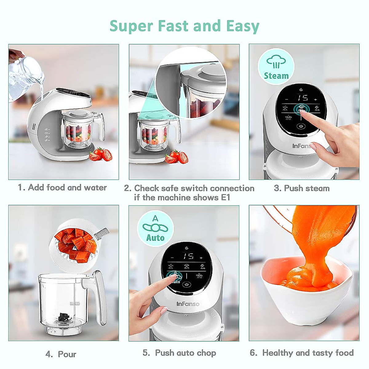 WOZAIJAInfanso Baby Food Maker Food Processor for Infants and Toddlers 7 in 1 Blender Grinder Steamer, Blender, Chopper, Defroster, Reheater, Disinfector, Auto Cleaning 10 Food Pouches