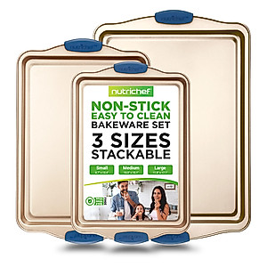 NutriChef 3-Piece Nonstick Bakeware Set - Premium Carbon Steel Baking Trays with Blue Silicone Handles, Easy to Clean, Small, Medium & Large Cookie Sheet Pans