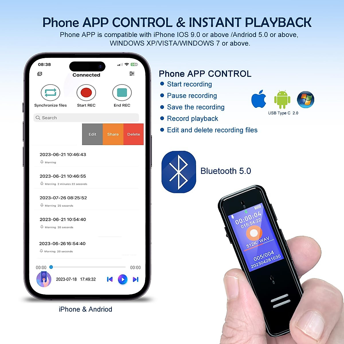 128GB Voice Recorder,Smart Recording Device with Phone APP One-Touch Recording,Capacity is 1600 Hrs Voice Recorder with Playback, Audio Recorder for Lectures, Meetings, Cars, Interviews,Class (128GB)