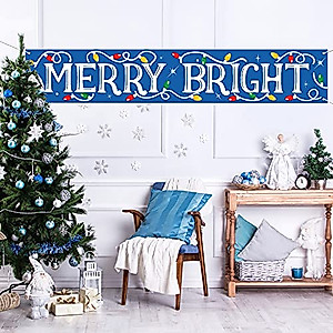 Merry Bright Banner Christmas Winter Holiday Fabric Garland Navy Blue Stars String Lights Hanging Sign Backdrop Photo Props for Wall Fence Fireplace Indoor Outdoor Home Decor Xmas Party Supplies