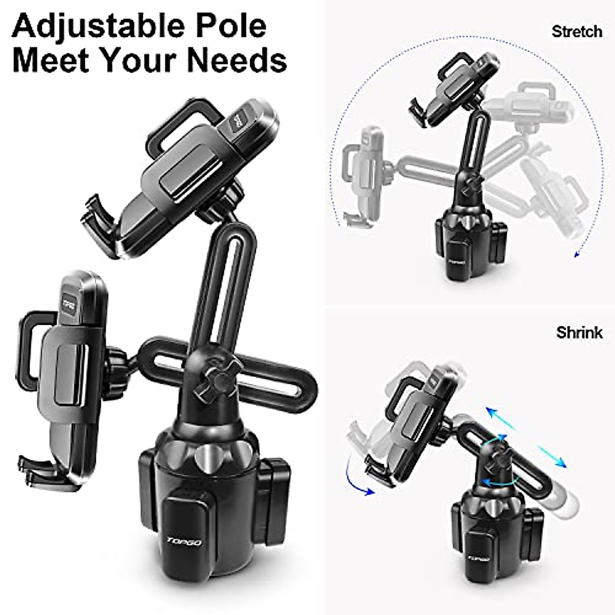 TOPGO Cup Holder Phone Holder, [No Shaking & Stable & Adjustable Pole] Car Cup Holder Phone Mount, Cell Phone Cradle for iPhone 14, Samsung and More Smart Phone(Black)