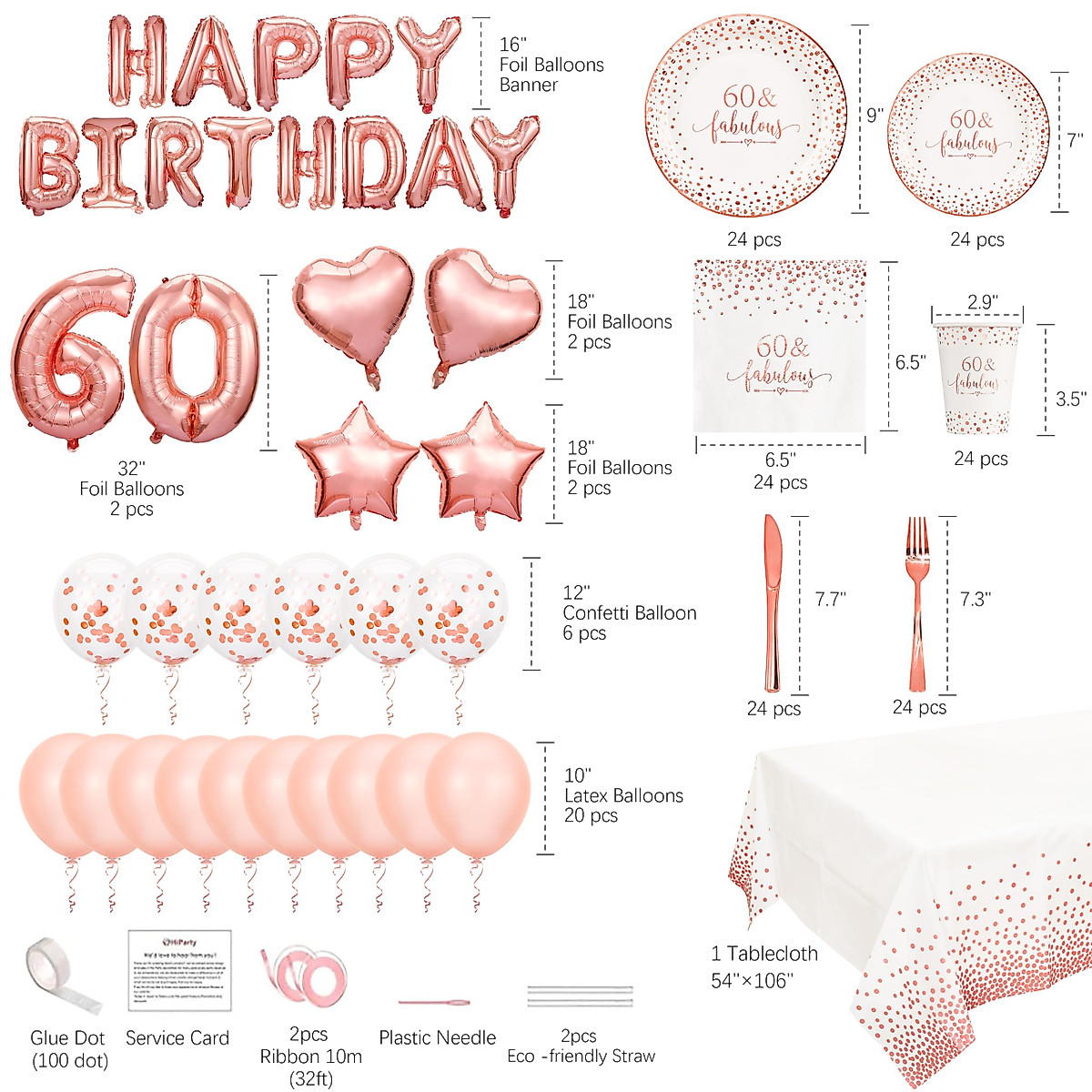 Crisky Rose Gold Foil 60 Fabulous Napkins Plates Cups Set for Women 60th Birthday Party Decorations Supplies, Disposable Tableware Set of 24 (9" Plates, 7" Plates, Luncheon Napkins, 9oz Cups)