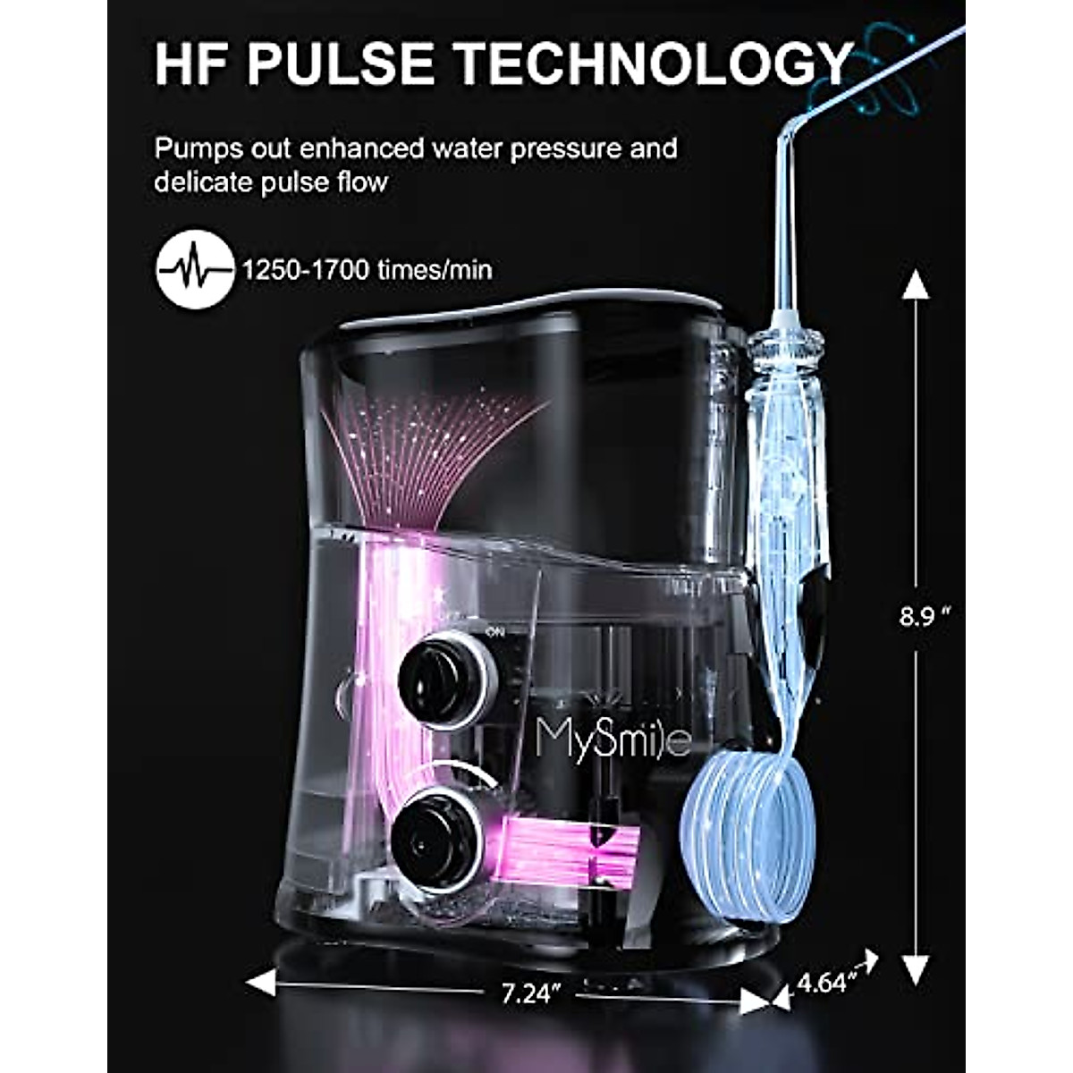 MySmile 1000ML Countertop Water Dental Flosser Teeth Cleaner 10 Settings Electric Power Oral Irrigator with UV Sanitizer Light Storage Bag and 7 Jet Tips