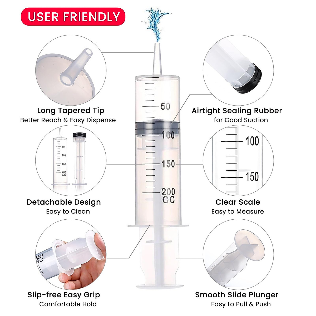 200ml Large Plastic Syringe with Tubing Tip Cap for Liquid Jello Shots Oral Lip Gloss Crafts Epoxy Feeder Pet Watering Party Enema Irrigator Measure Refill Oil Glue Applicator Dispenser without Needle