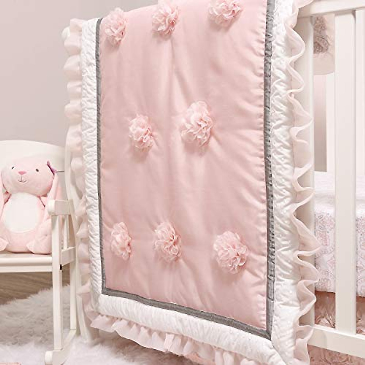 The Peanutshell Pink Crib Bedding Set for Baby Girls | 3 Piece Arianna Nursery Set | Crib Quilt, Fitted Crib Sheet, Dust Ruffle