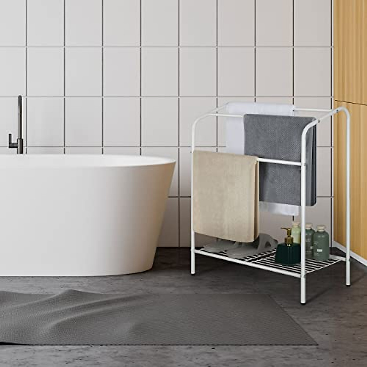 Freestanding Towel Rack White Floor Towel Rack Stand 3 Tier Bath Towel Stand Towel Bar Stand with Shelf Modern Blanket Rack Stand for Living Room Bathroom, Laundry