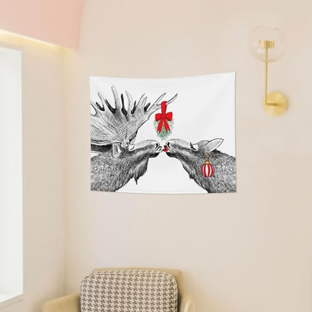 Mosytuky Moose Kissing Under Mistletoe Tapestry Wall Hanging Decor For Living Room Bedroom Dorm Classroom Office Decor 29x37 Inch