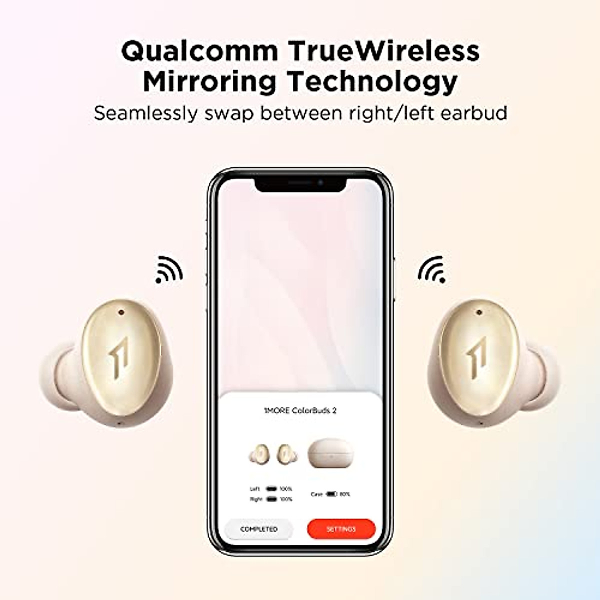 1MORE ColorBuds2 Active Noise Cancelling Wireless Earbuds, Bluetooth 5.2 Headphones, Sound ID, Dual Mode Noise Cancelling, CVC 8.0 for Clear Calls, Fast & Wireless Charging, IPX5, Gold