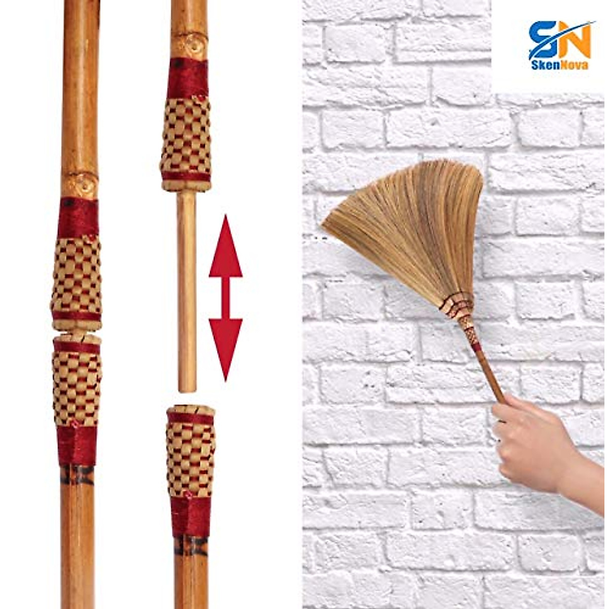Outdoor Broom for Floor Cleaning – Handmade Natural Grass Broom – Authentic Asian Broom with Bamboo Stick – 2-Piece Adjustable Length Handle – Ideal for Indoor, Outdoor, Décor