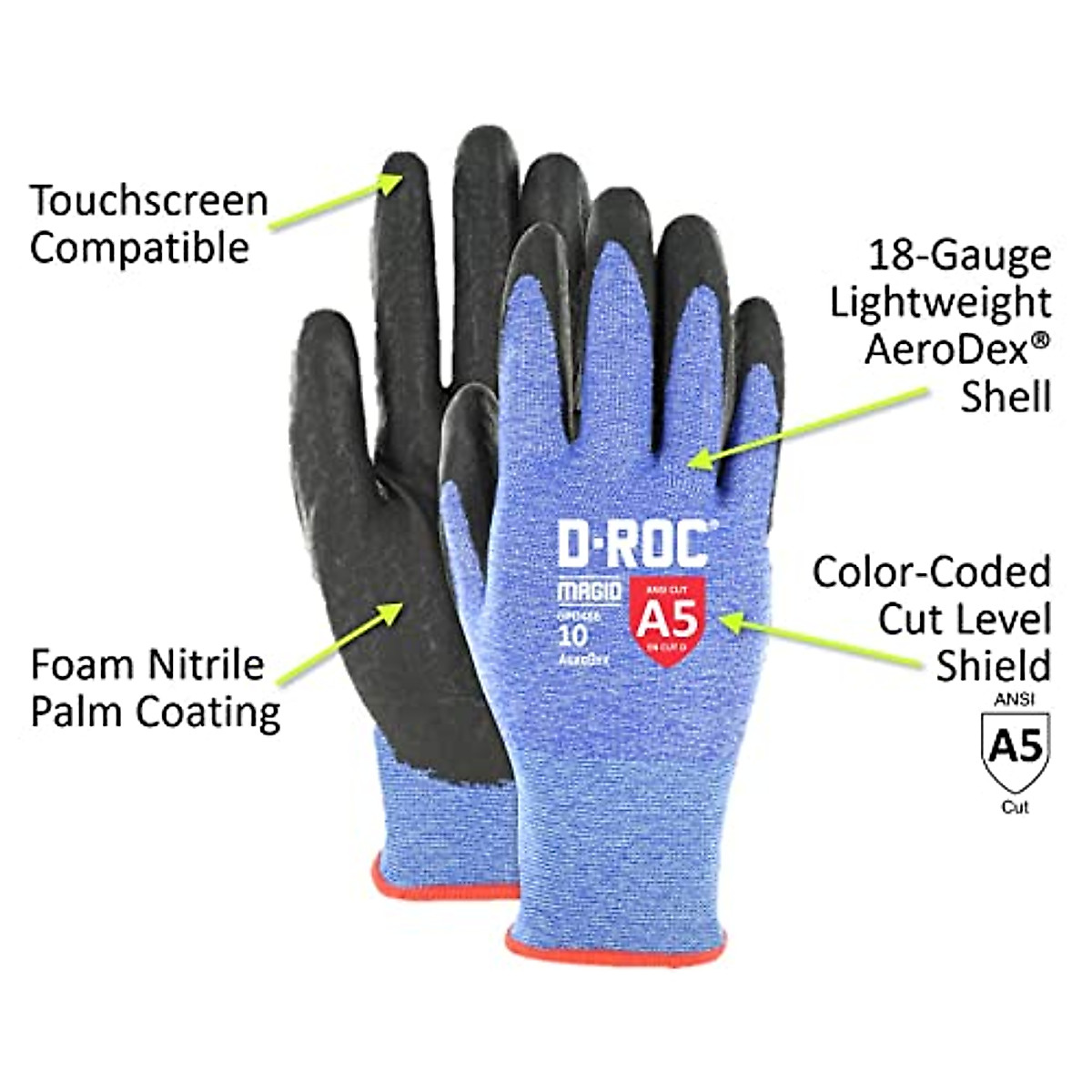 MAGID ANSI A5 D-ROC AeroDex 18-Gauge Work Gloves, 12 Pairs, Foam Nitrile Coated, Size 9/Large, Blue