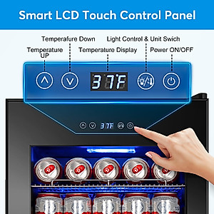 Beverage Refrigerator 17 inch Wide - 126 Can Beverage Cooler with Glass Door | Counter-Top/Freestanding Mini Beverage Beer Fridge | Temperature Memory | Invisible Door | Perfect for Soda,Beer