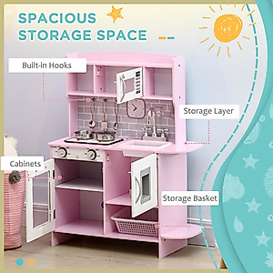Qaba Pretend Play Kitchen Toy Set for Kids with Realistic Design, Stove Lights, Storage, Water Dispenser, for 3-6 Years Old, Pink