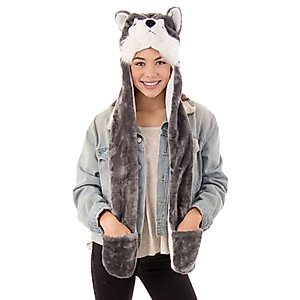 Simplicity Winter Animal Hats Caps Full Hoodie Grey Dog Caps with Scarf Mitten
