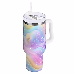 KEEPREAL 30 oz Rainbow Ice Cream Swirl Tumbler with Handle, Insulated Sports Water Bottle with Lid and Straw, Thermal Stainless Steel Travel Coffee Mug Cup #171