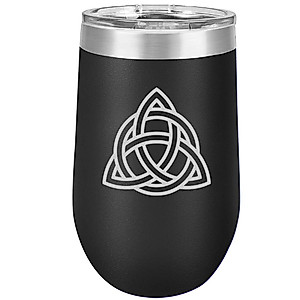 MIP Brand 16 oz Double Wall Vacuum Insulated Stainless Steel Stemless Wine Tumbler Glass Coffee Travel Mug With Lid Triquetra Symbol Celtic Knot (Black)
