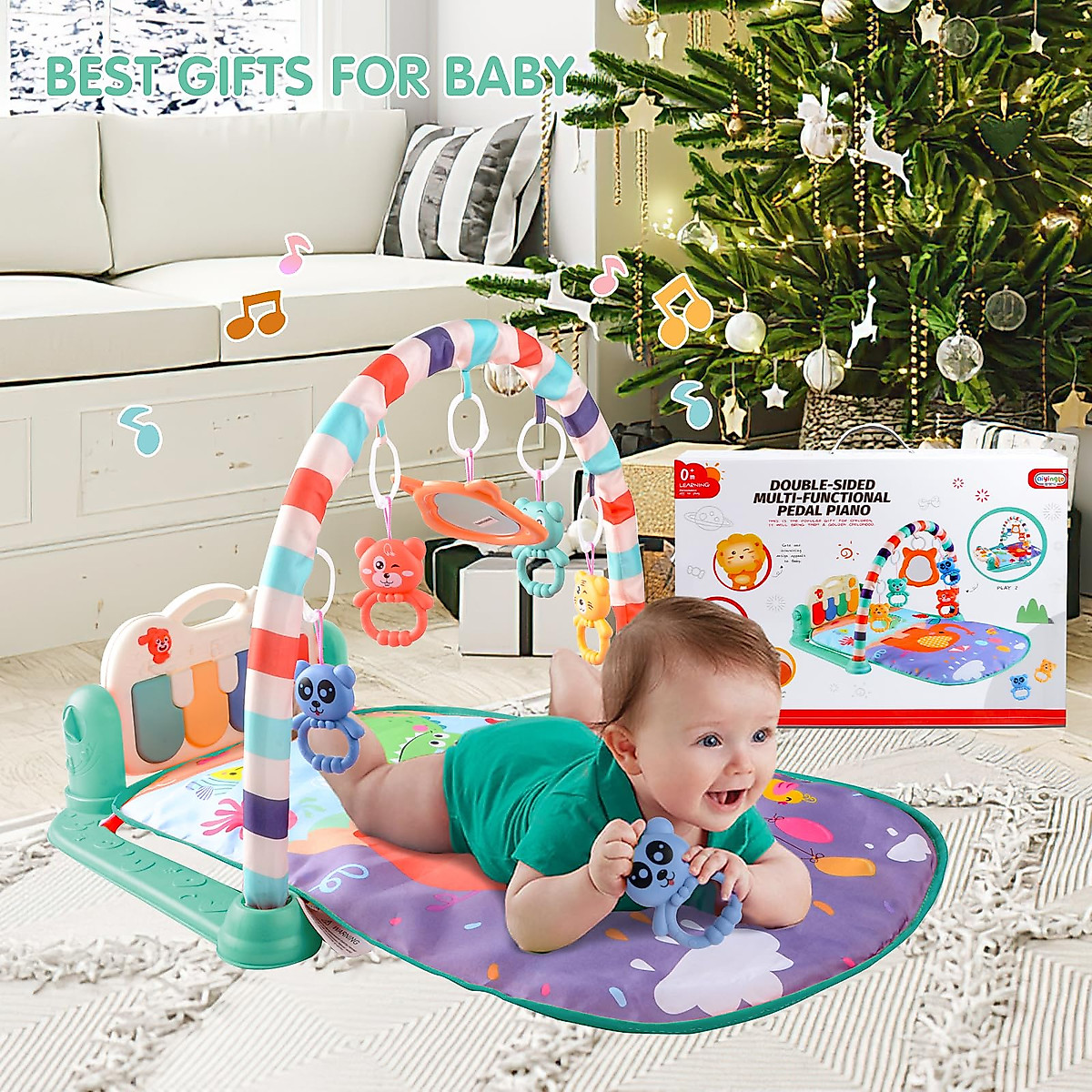 Baby Gym Play Mat, Kick and Play Piano Gym Mat for Infants, Tummy Time Mat Activity Center with Mirror for Newborn Toys 3-6-9 Months(Green)