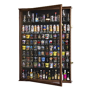 XL Shot Glass Display Case Rack Holder Cabinet for Tall Shooter and Mini Liquor Bottle -Walnut