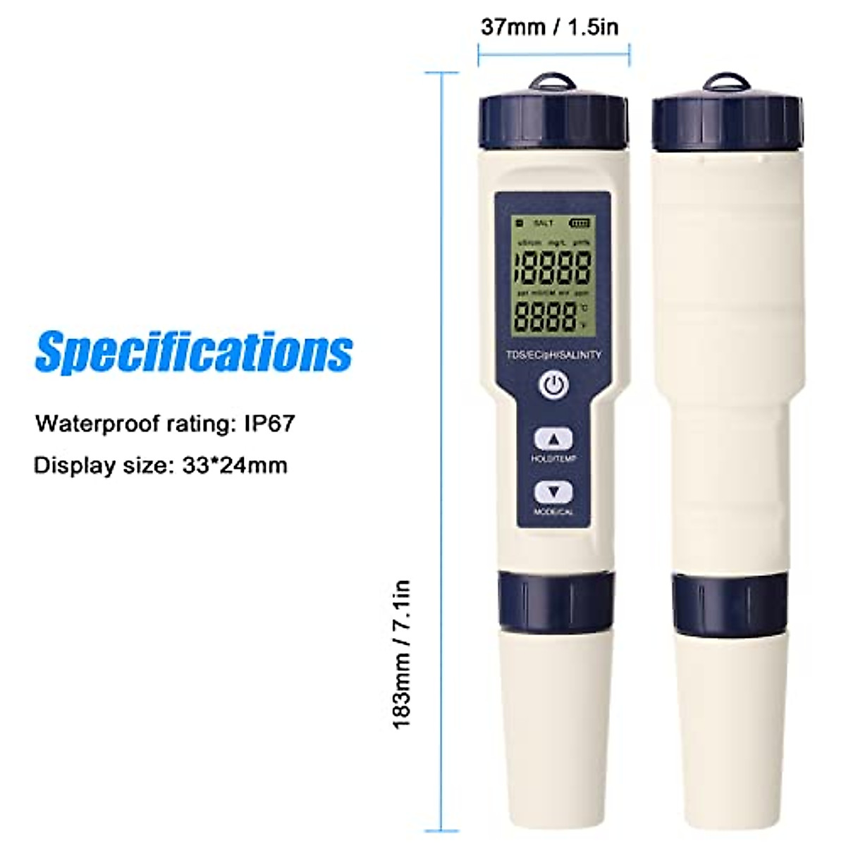 Water Quality Tester, Geevorks 5 in 1 PH/EC/TDS/Salinity/Thermometer Digital Multi-Function Tester with 3 PH Buffer Powders