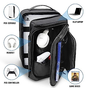 Playstation5 Backpack, Protective Carrying Case Compatible with PS5 Console, Base, 15.6”Laptop, Headset, PS5 Controller, More Game Discs, and Gaming Accessories (Bag Only)