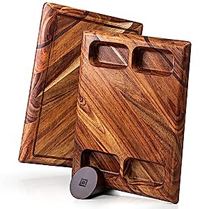 Contour Wood Cutting Board - Large Acacia Butcher Block Chopping Board for Kitchen w/Stand, Sustainable Wood, Juice Groove - Doubles as 4 Compartment Serving Board - Apace Living 17x13x1.5