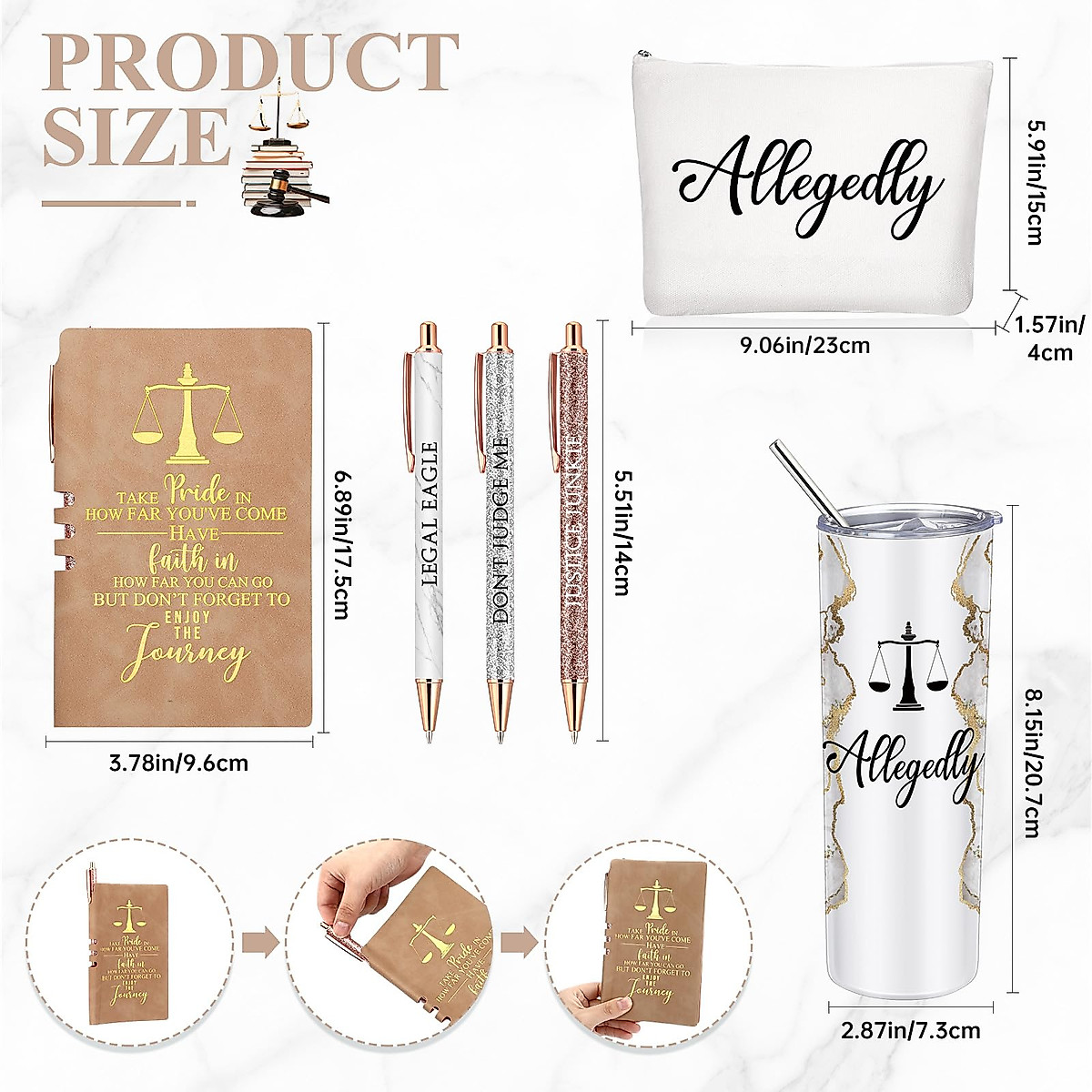 Domensi 6 Pcs Funny Allegedly Lawyer Gifts Judge Gift Lawyer Appreciation Day Gift 20 oz Marble Sign Tumbler Makeup Bag Notepad Ballpoints for Law Paralegal School College Teacher(White)