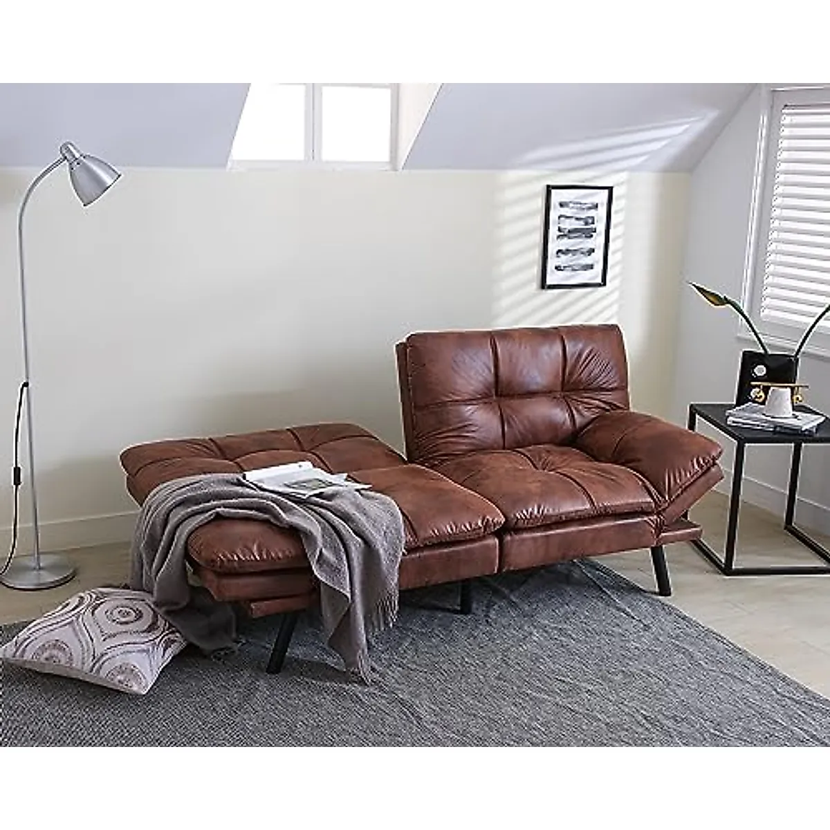 IULULU Futon Sofa Bed Faux Leather Couch with Memory Foam, Modern Convertible Sleeper Daybed with Adjustable Armrests for Studio, Apartment, Office, Dorm, Easy Assembly, Chestnut