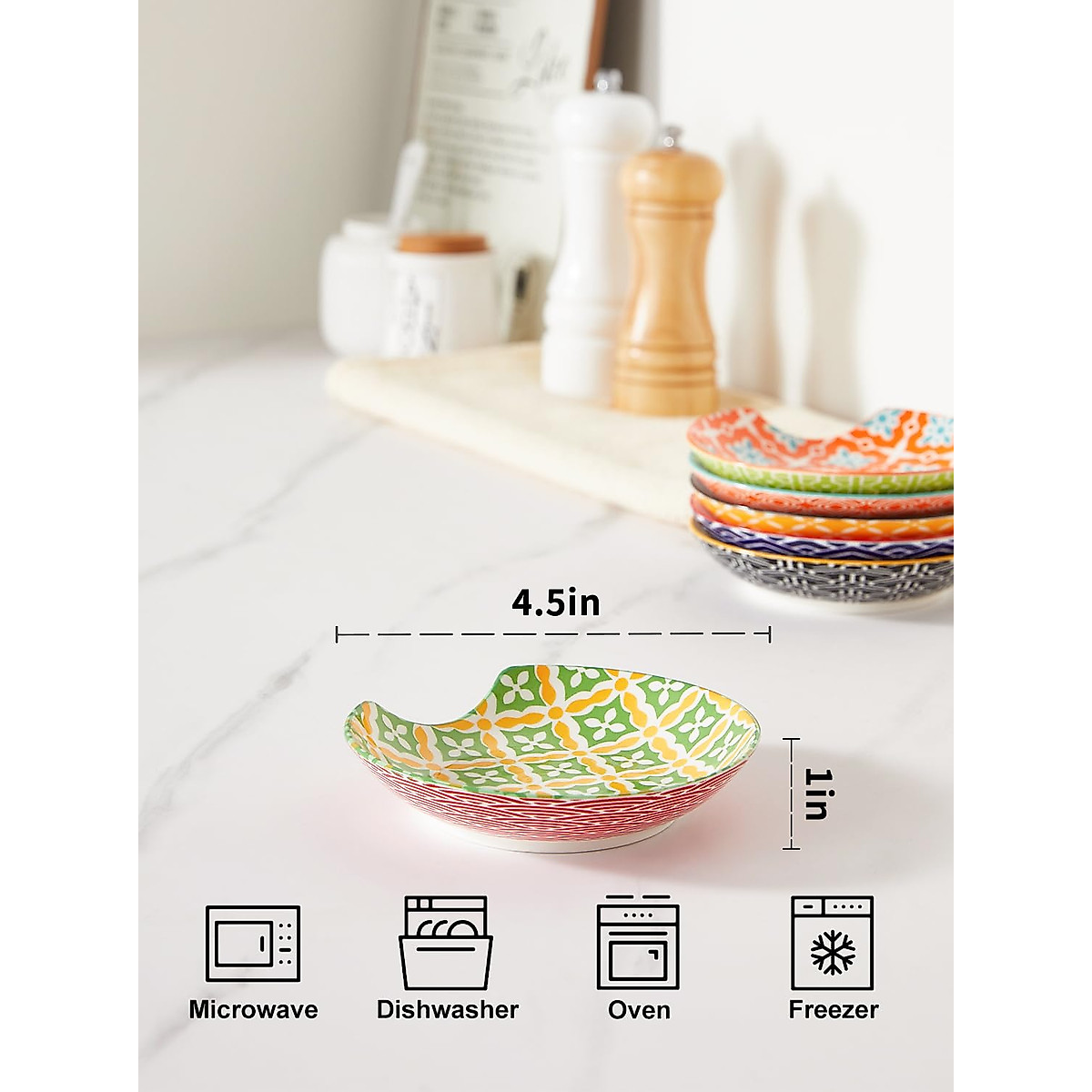 Metahom Ceramic Spoon Rest, Spoon Holder for Kitchen Counter, Utensil Rest Holder for Stove Top, Ladle, Spatula, Set of 6, Dishwasher Safe, 4.5 inch, Vibrant Color