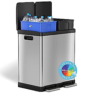 iTouchless SoftStep 16 Gallon Dual Compartment Trash Can Recycler, 61 Liter Stainless Steel 2 x 8 Gallon Color Coded Removable Inner Buckets, Soft and Gentle Open/Close Lid