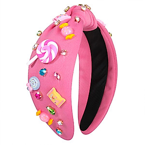 Knotted Headband for Women Lollipop Candy Charms Crystal Jeweled Embellished Top Knot Hairband Statement Wide Turban Hair Hoop Funny Gifts for Girls Sister Birthday Xmas Holiday Party