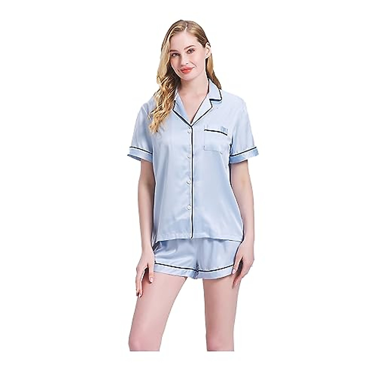 Pure as a lotus Women Sleepwear Sets Silk Pajamas Set Loungewear Button-Down Two-piece Pj Sets Shorts Nightwear Set Blue